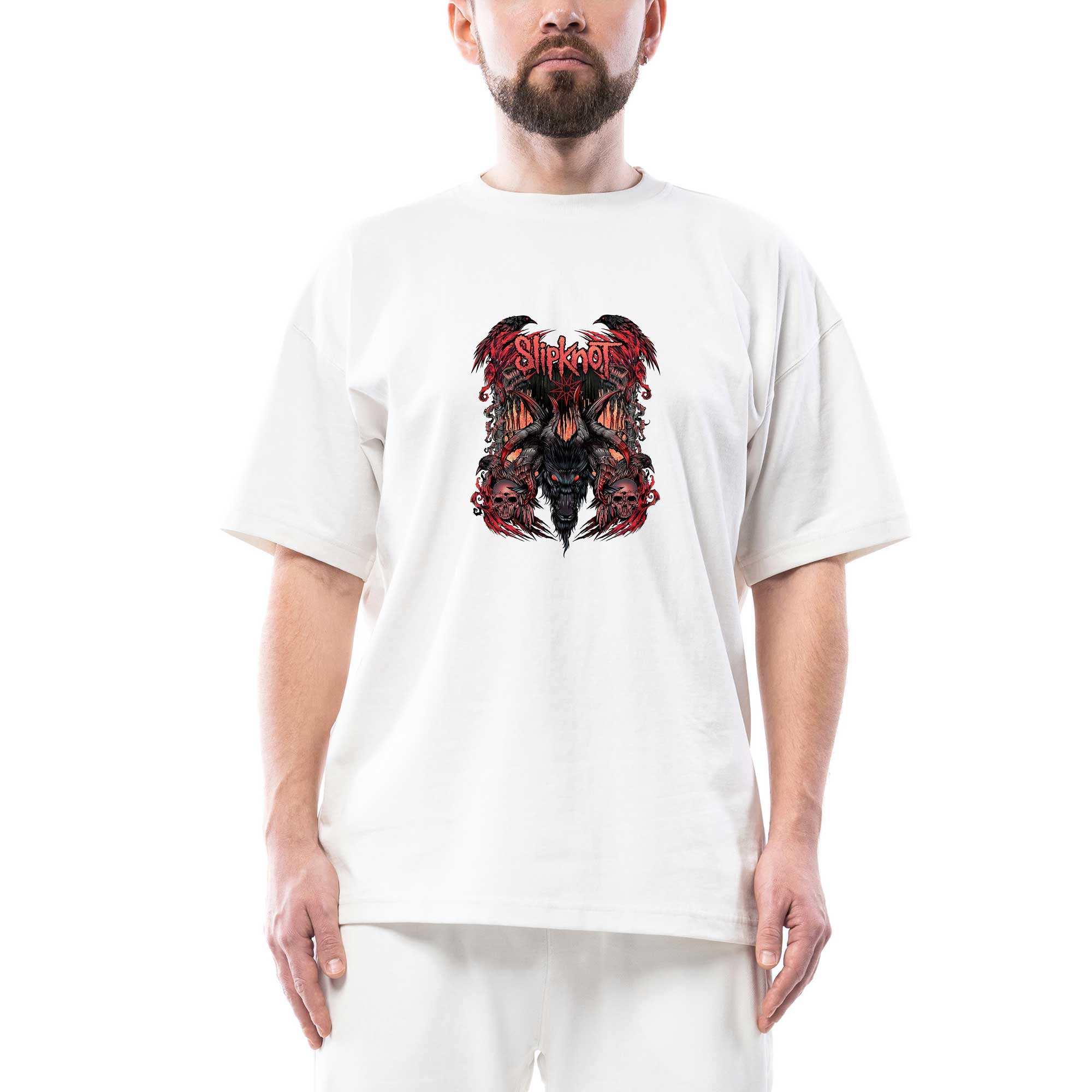 Slipknot Ram Head Oversize Beyaz Tişört | Zepplin Giyim – Zepplingiyim